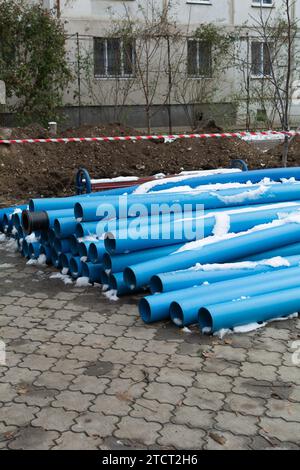 Blue Plumbing pipes. Plastic polypropylene pipe. Sanitary, sewer ...