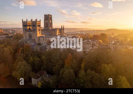 Stunning dawn aerial shot of Durham Cathedral and the river Wear at the ...