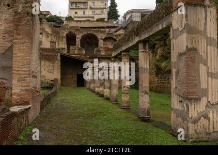 Ercolano, Italy - 25 November, 2023: typical city street and houses in the ancient Roman town of ...