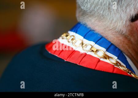 The tricolor sash of the mayor. Symbol of french republic Stock Photo ...