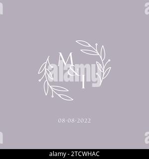 Initials MI wedding monogram logo with leaves and elegant circular ...
