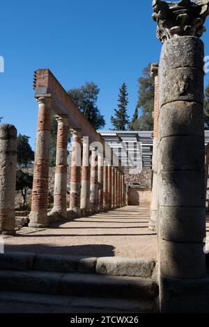 Ancient Roman ruins form Merida, Spain with columns on a sunny day ...