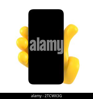 Yellow emoji hand holding smartphone with white screen. Isolated using ...