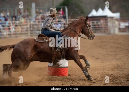 A barrel rider navigates the barrels on her horse during a rodeo event ...