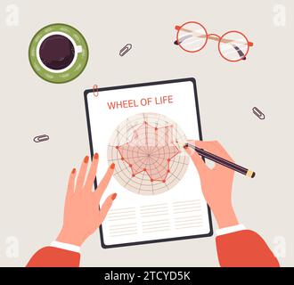 The Wheel of life. Woman analysis her needs. Female character with ...