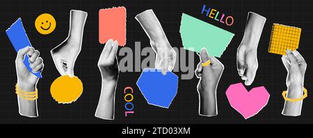 Halftone collage hands holding torn paper set vector illustration Stock ...