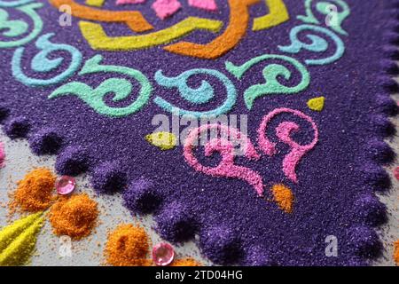 Beautiful and colourful Rangoli backdrop. Designer pattern of sand art ...