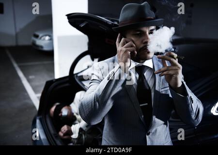 Smoking, car and man with hostage in trunk for negotiation, kidnapping ...