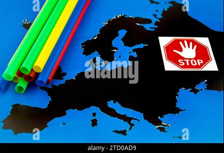 Plastic straws on map of Europe with stop sign, ban on plastic in the ...