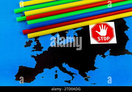 Plastic straws on map of Europe with stop sign, ban on plastic in the ...
