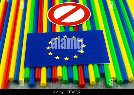 Plastic straws with European flag and prohibition sign, ban on plastic ...