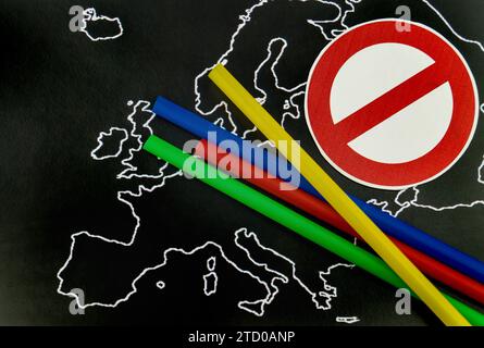 Plastic straws on map of Europe with stop sign, ban on plastic in the ...