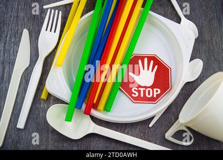 Plastic straws and tableware with stop sign, ban on plastic in the EU ...