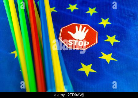 Plastic straws on European flag with stop sign, ban on plastic in the ...