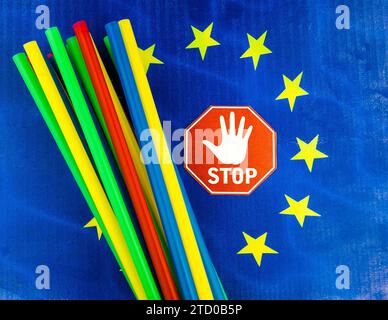 Plastic straws on European flag with prohibition sign, ban on plastic ...