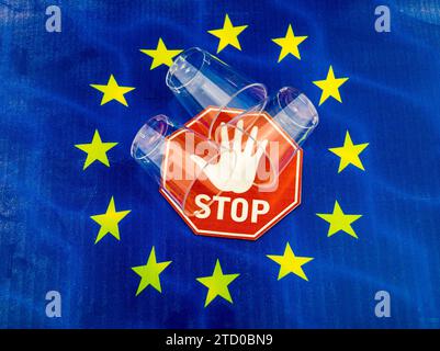 Plastic cups on European flag with prohibition sign, ban on plastic in ...