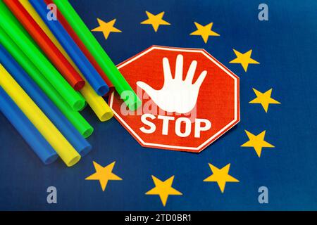 Plastic straws on European flag with stop sign, ban on plastic in the ...