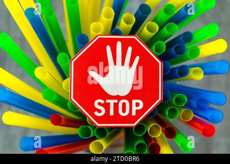 colorful plastic straws with stop sign Stock Photo - Alamy