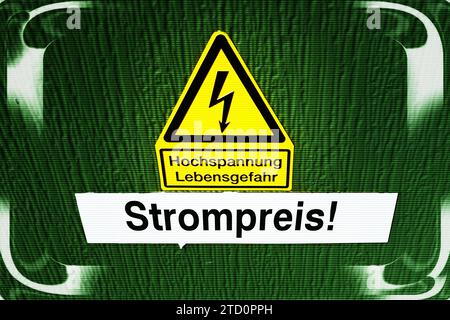 FOTOMONTAGE, Schild mit Strompfeil und Aufschrift Strompreis und Schild ...