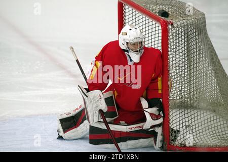 Dumfries, 15 December 2023. Chen Haoran, Tong Zihao and netminder Chen ...