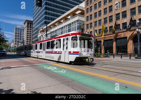 A UTA TRAX light rail train at a TRAX station in Salt Lake City, Utah ...