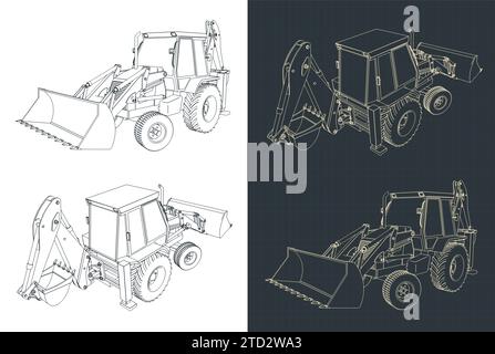 Stylized vector illustration of blueprints of backhoe loader Stock ...