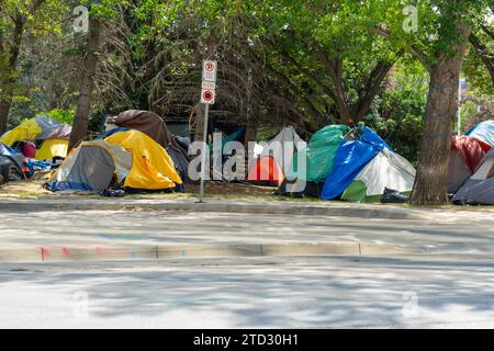 Homeless tent encampment under the trees in downtown. Regina ...