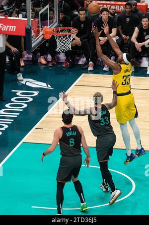 Indiana Pacers center Myles Turner (33) celebrates a three-point basket ...