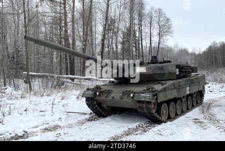 15 December 2023, Lithuania, Rukla: Arvydas Anusauskas (r), Minister of ...