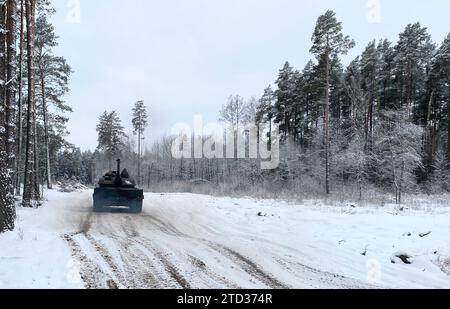 15 December 2023, Lithuania, Rukla: A Leopard 2 A6 tank stands at the ...