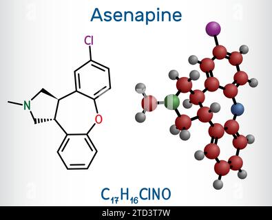Asenapine molecule. Structural chemical formula, molecule model. Sheet ...