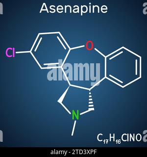 Asenapine molecule. Structural chemical formula, molecule model. Sheet ...