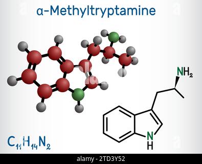 alpha-Methyltryptamine, αMT, AMT, molecule. Structural chemical formula ...