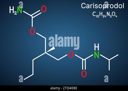 Carisoprodol molecule. Structural chemical formula, molecule model ...