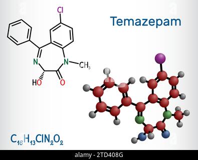 Temazepam benzodiazepine drug molecule. Used as hypnotic, anxiolytic ...