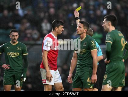 Daniel Ayala #4 of Rotherham United receives a yellow card during the ...