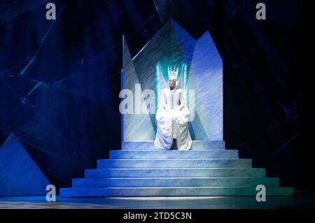 The wicked Snow Queen on her throne with Kay and Gerda sitting during a ...