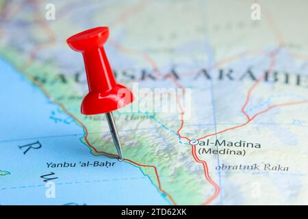 Close up to a Yanbu Al Bahr city with a green pin needle into Saudi ...