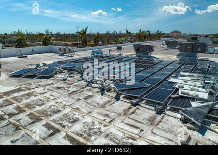 Broken down photovoltaic solar panels destroyed by hurricane Ian winds ...