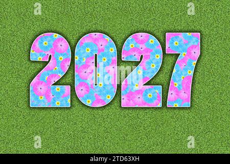 Year, year 2027 written with baby colours, light blue and pink flowers ...