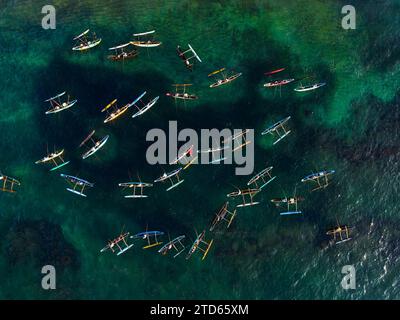 Aerial view of traditional oruwa boats as local fishermen navigate the ...