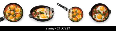 Delicious shakshuka in frying pans isolated on white, set Stock Photo ...