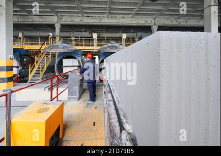 Loading of raw blocks into autoclave at manufacturing plant Stock Photo ...
