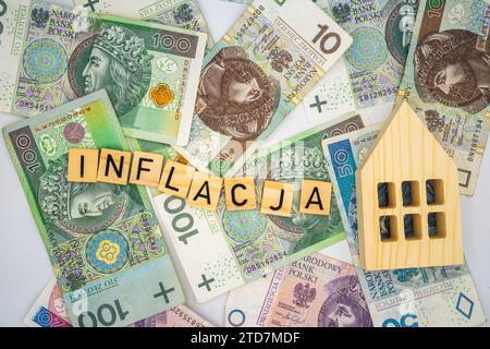 Polish word "inflacja" inflation with wooden house Polish zloty ...