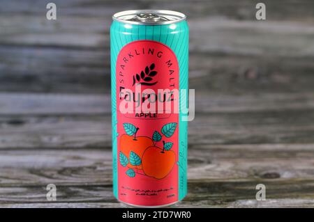 Cairo, Egypt, December 13 2023: Crushed dented Fayrouz Apple malt drink ...