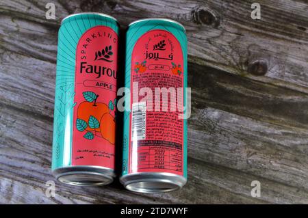 Cairo, Egypt, December 13 2023: Fayrouz Apple malt drink can, natural ...