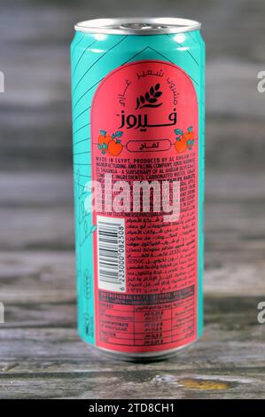 Cairo, Egypt, December 13 2023: Crushed dented Fayrouz Apple malt drink ...