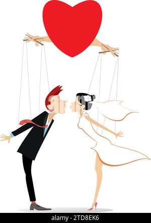 Woman and puppet man concept. Young woman master controls man like ...