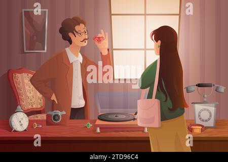 Pawnshop service, appraisal of value vector illustration. Cartoon ...