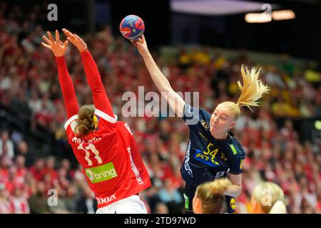 Denmarks Line Haugsted, left, and Swedens Jamina Roberts fight for the ...